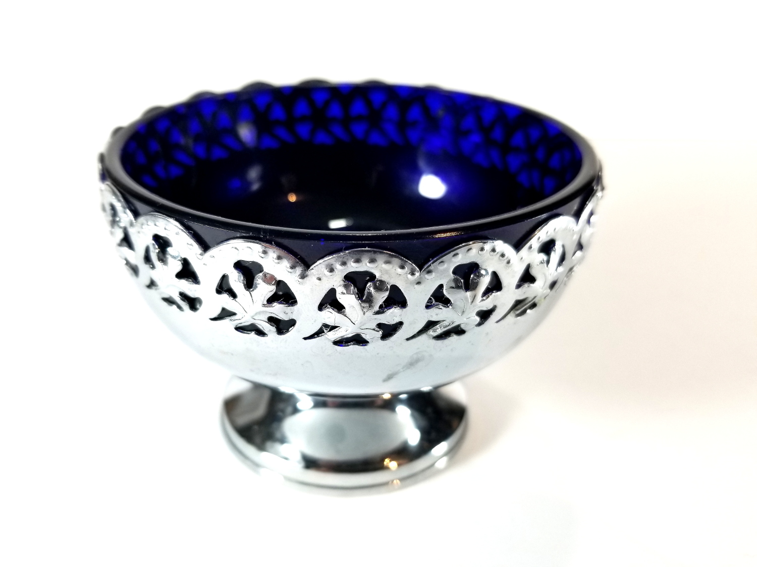 Cobalt Blue Glass Condiment Bowl in A Chrome Plate Holder | Property Room