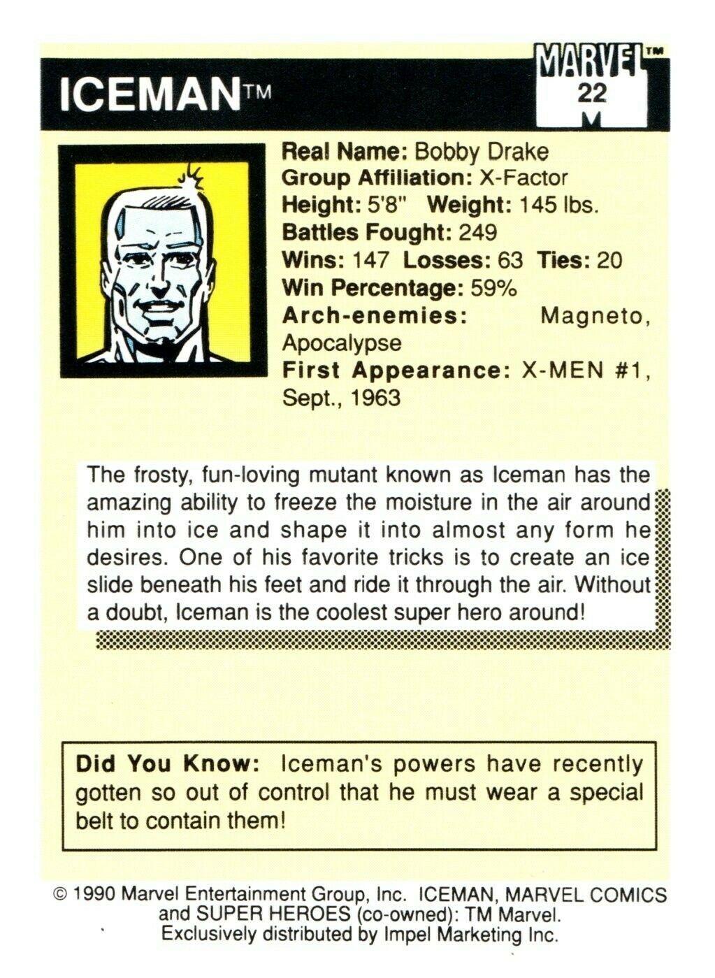 1990 Impel Marvel Universe Series 1 Trading Card #22 ICEMAN Super ...
