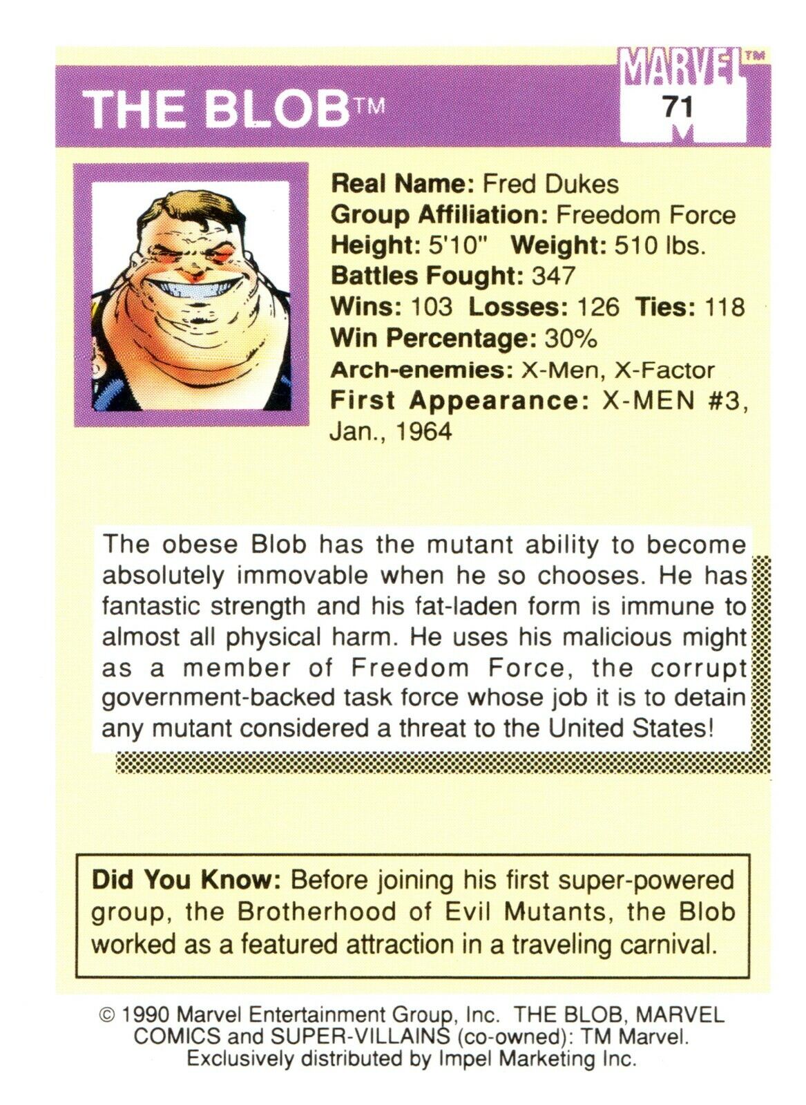 1990 Impel Marvel Universe Series 1 Trading Card #71 BLOB Super ...