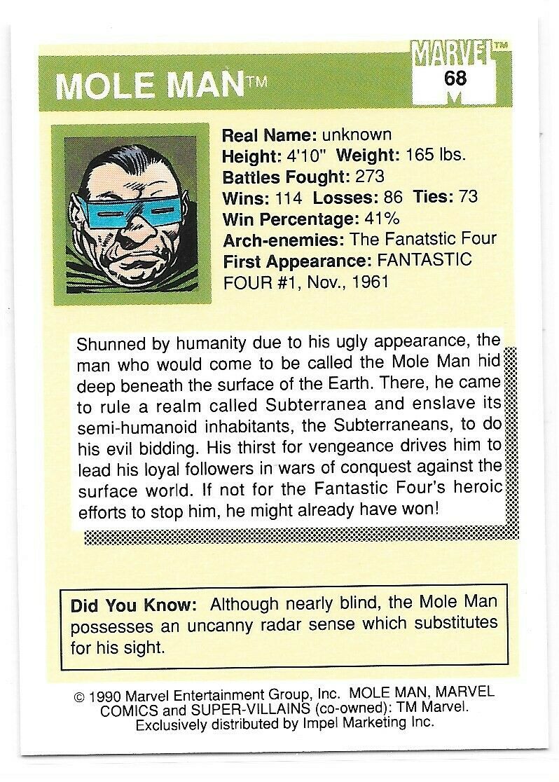 1990 Impel Marvel Universe Series 1 Trading Card #68 Mole Man Super ...