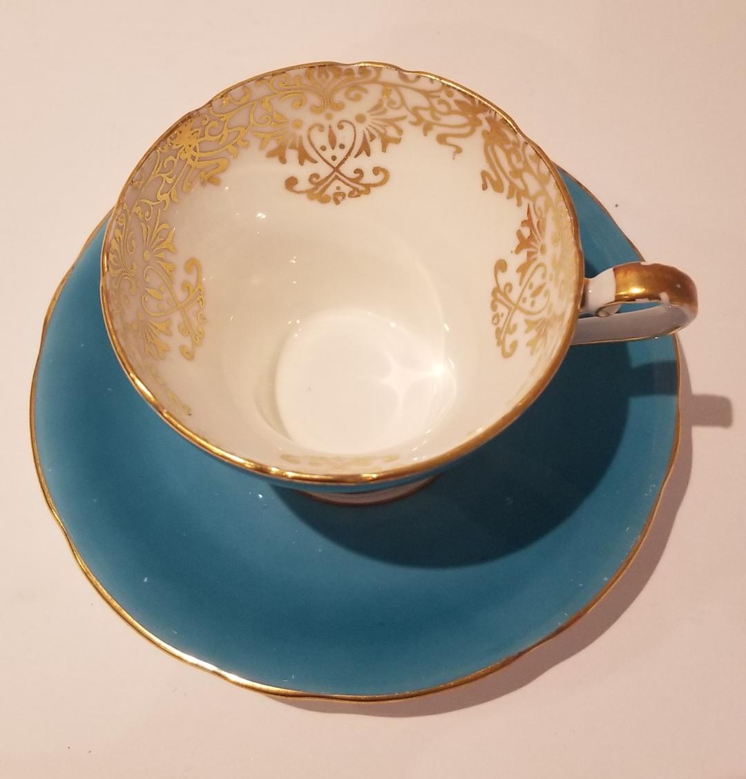 Vintage Aynsley Turquoise & Gold Scrollwork Bone China Tea Cup & Saucer ...