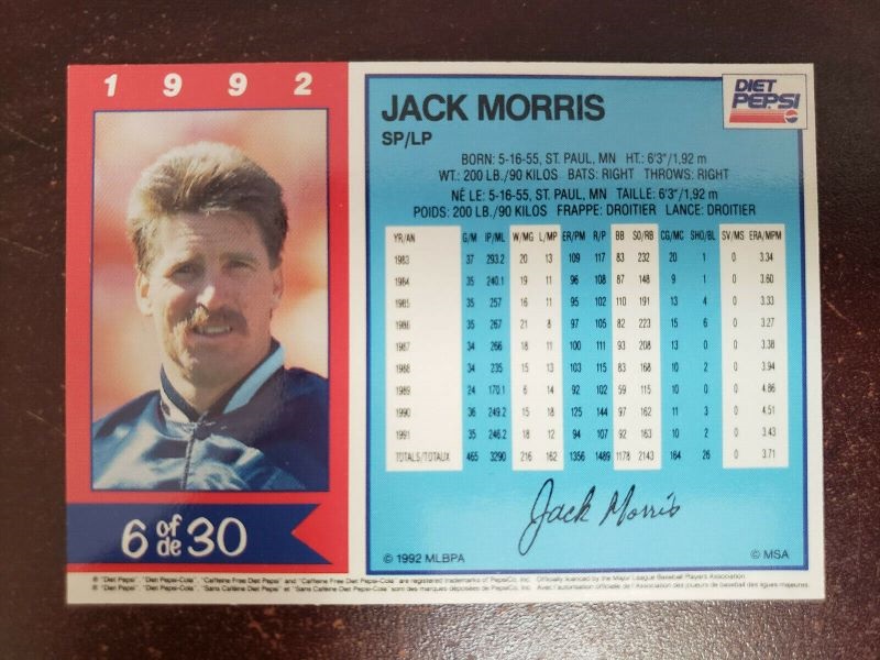 1992 Diet Pepsi Collector Series Jack Morris Baseball Card #6 ...