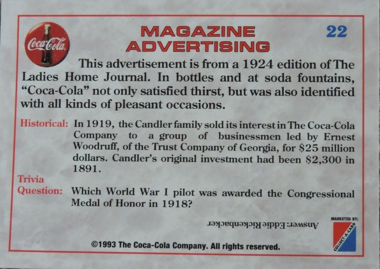 1993 Coca-Cola Trading Card #22 Magazine Advertising 1924 | Property Room
