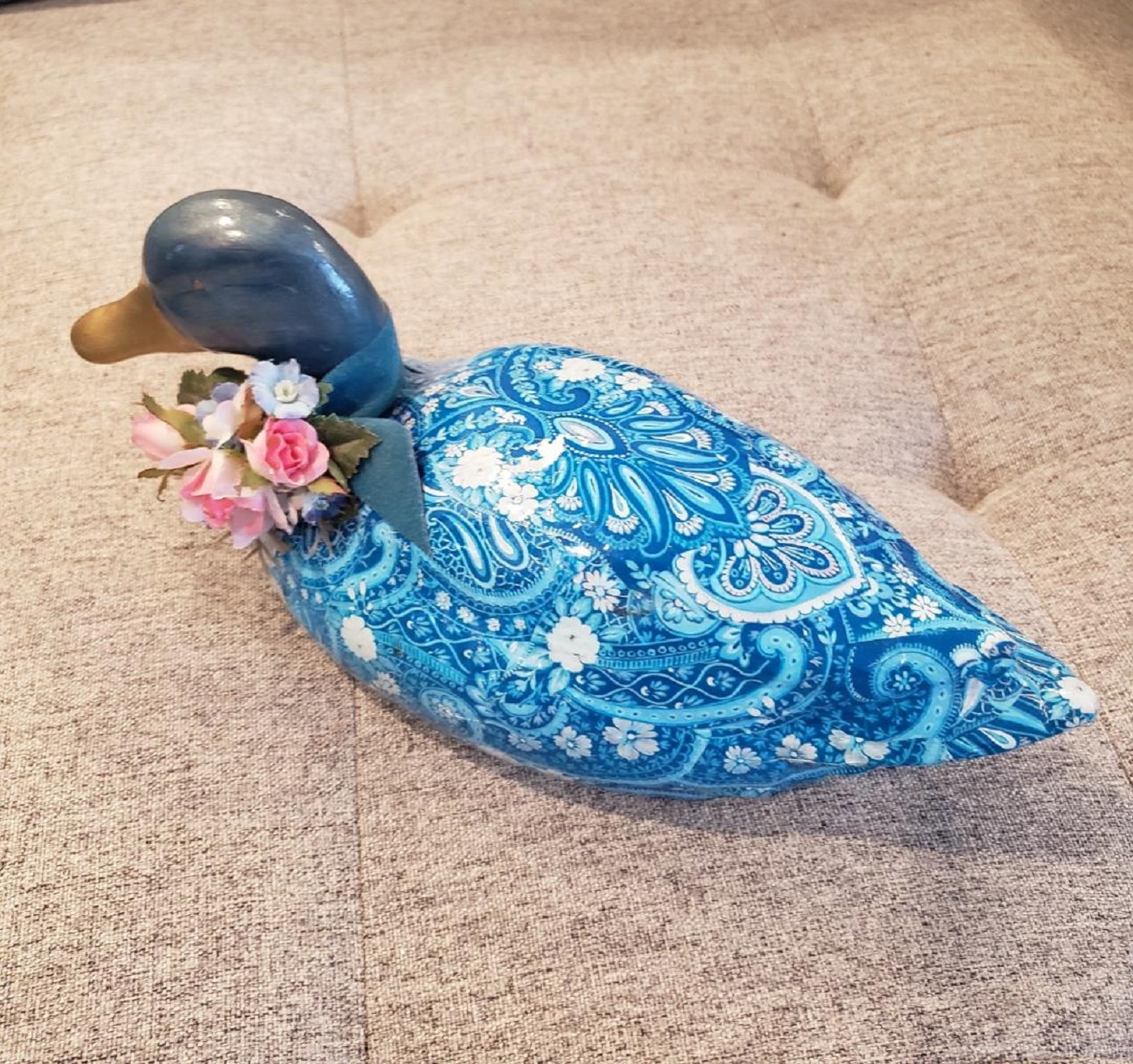 VTG Blue Floral Paper Mache Ceramic Duck | Property Room