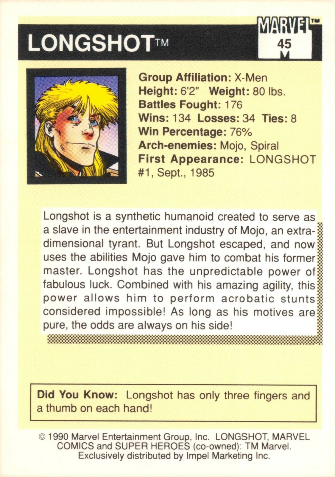 1990 Marvel LONGSHOT Universe Series 1 BASE Trading Card #45 | Property ...