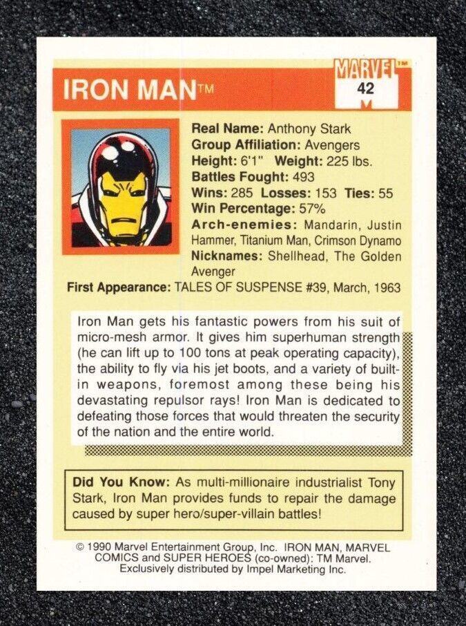 1990 Impel Marvel Universe Series 1 Trading Card Iron Man #42 ...