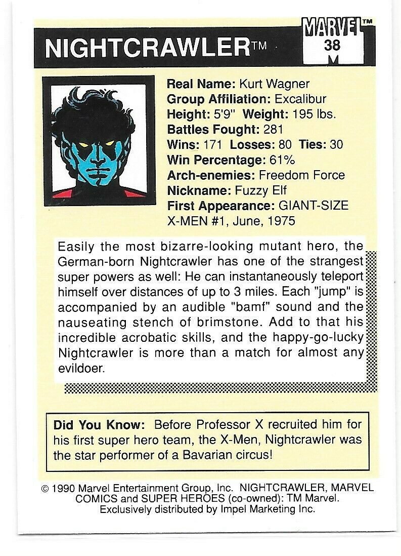 1990 Marvel Super Heroes Trading Card Impel Nightcrawler #38 | Property ...