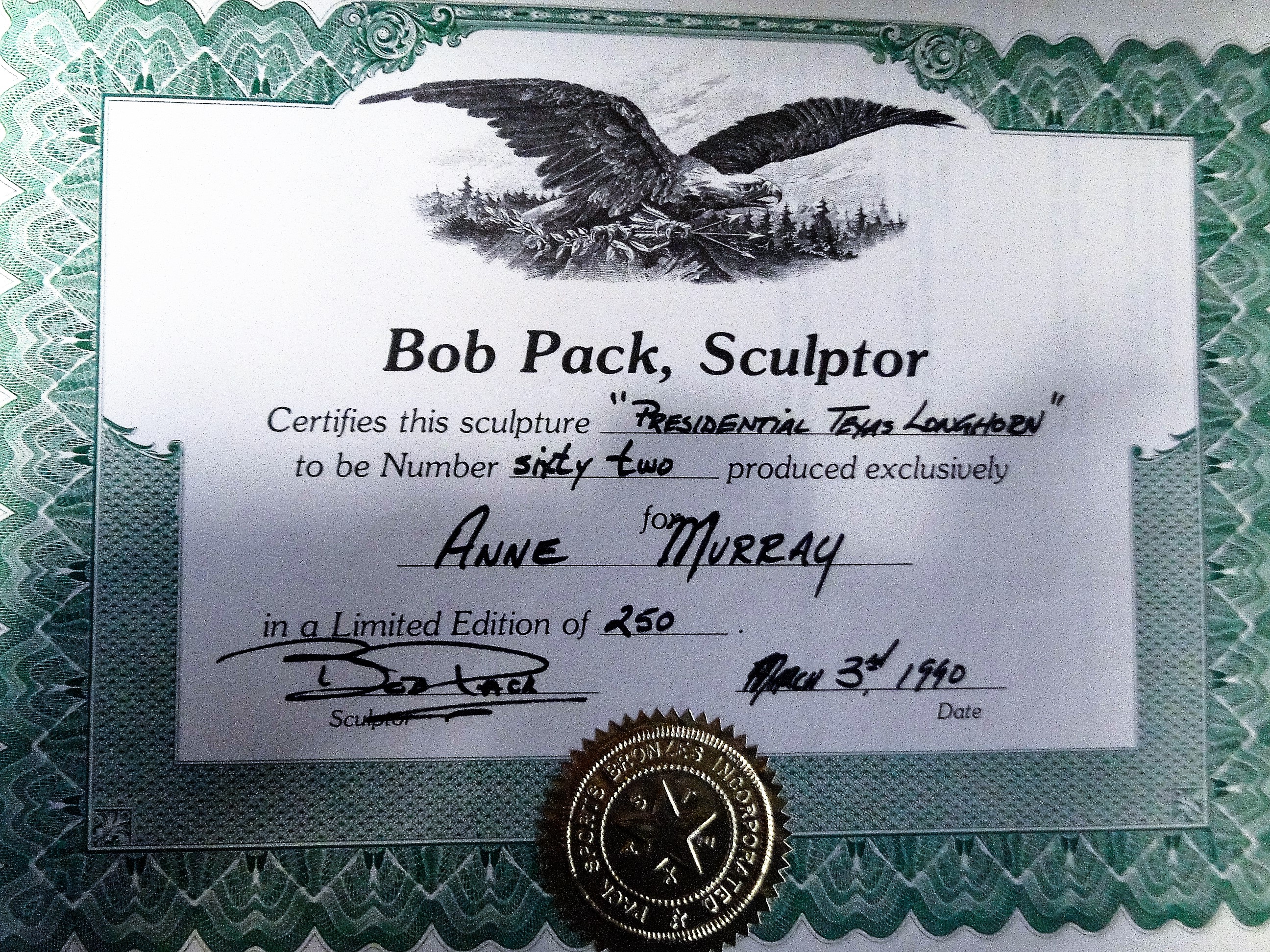 1990 Bob Pack 'Anne Murray" Presidential Texas Longhorn Bronze Signed ...