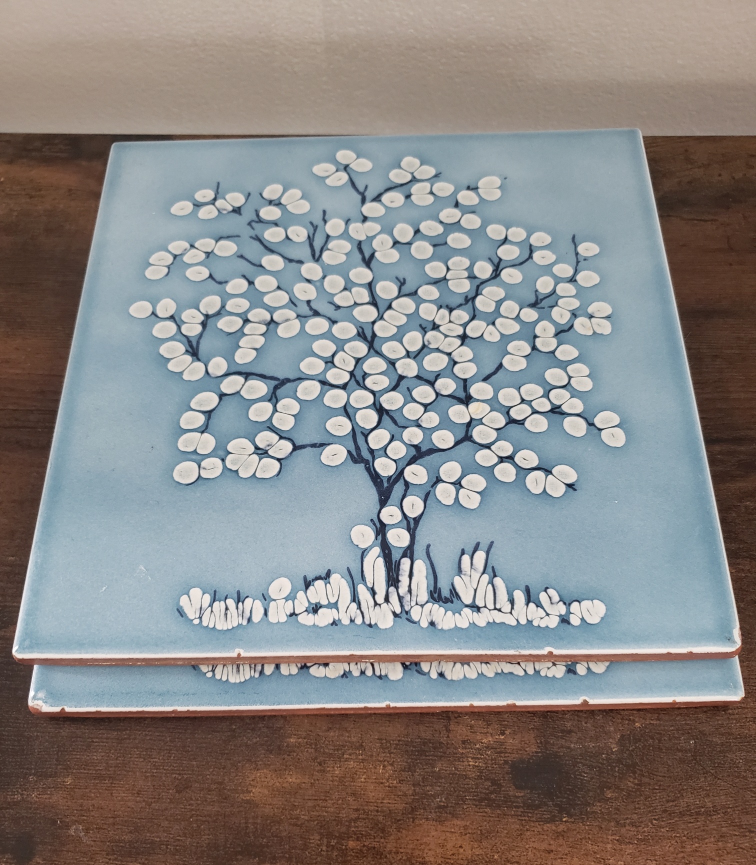 Set of 2 VTG Hand Painted Blossomed Tree Teracotta Tiles 8x8, Spain ...