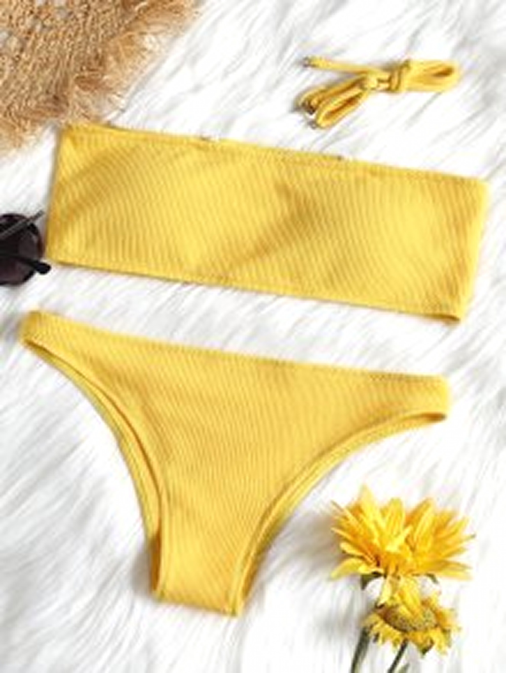 Ribbed Texture Bandeau Bikini Set - Yellow Size S | Property Room