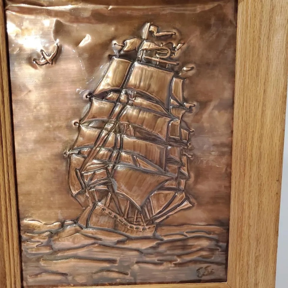 Vintage Hand Hammered Framed Copper Art Ship | Property Room