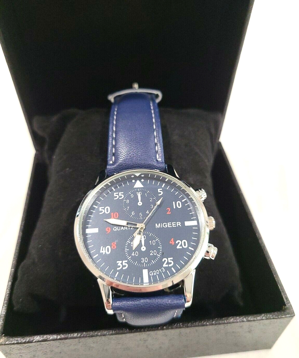 MIGEER Quartz Stainless Steel Blue Faux Leather Band Analog Sports ...