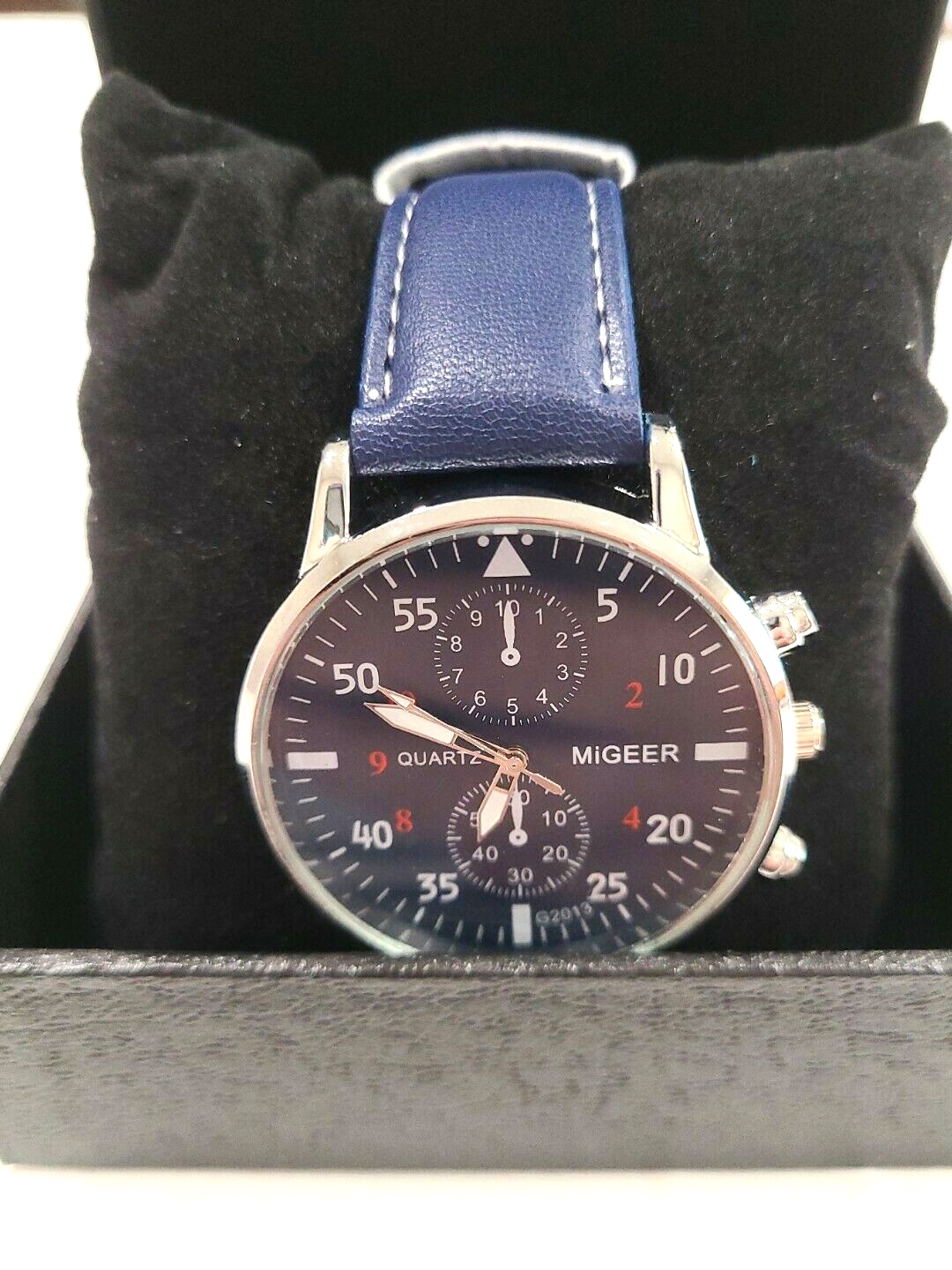 MIGEER Quartz Stainless Steel Blue Faux Leather Band Analog Sports ...