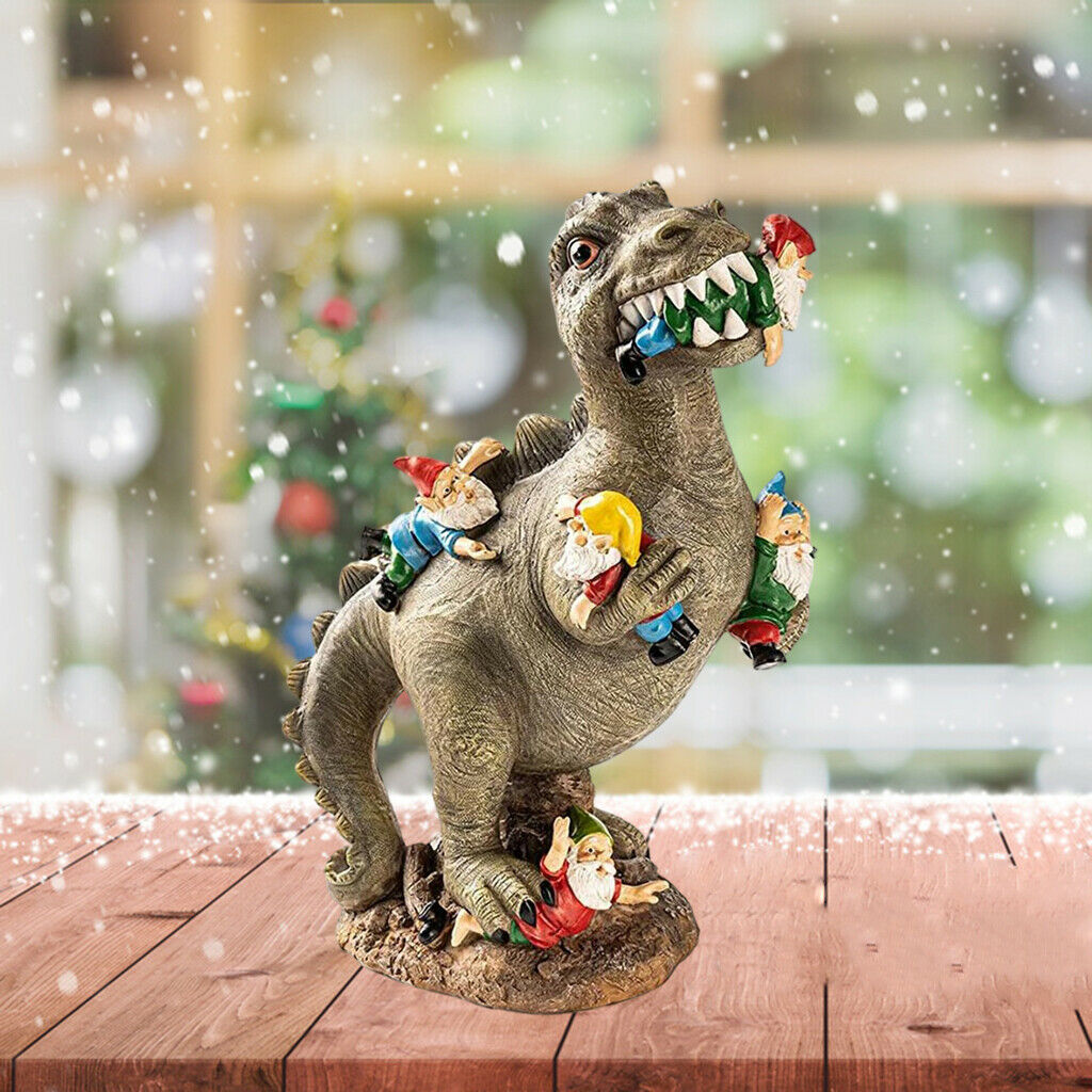 Funny Dinosaur Eating Gnomes Statue Garden Art Resin Figurine ...