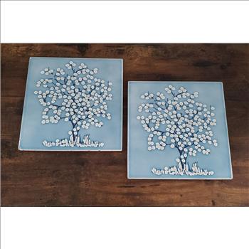 Set of 2 VTG Hand Painted Blossomed Tree Teracotta Tiles 8x8, Spain ...