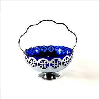 Cobalt Blue Glass Condiment Bowl in A Chrome Plate Holder | Property Room
