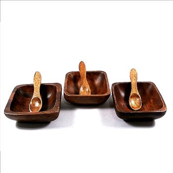 Three Vintage Hand Carved Wooden Condiments/Spice Bowls With Wooden ...