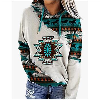 New, Women Aztec Print Long Sleeve Drawstring Pocket Hoodie Size 3XL ...