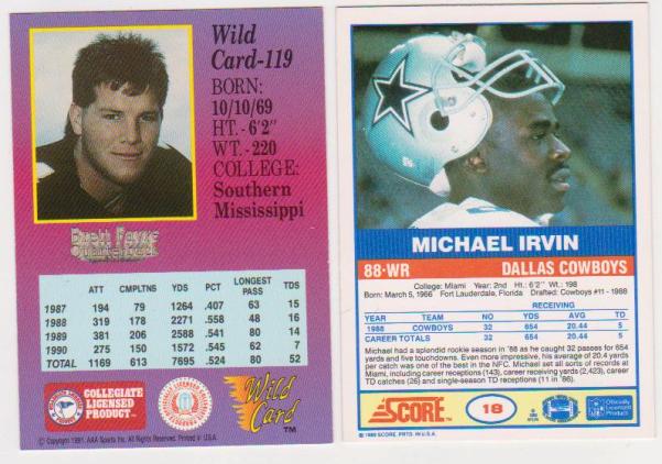 1991 Wild Card Brett Favre #119 + 1989 Score Michael Irvin #18 Rookie ...