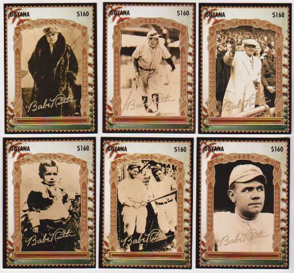 6 Different Babe Ruth 1996 Guyana $160 Stamp Trading Cards W/ Facsimile ...