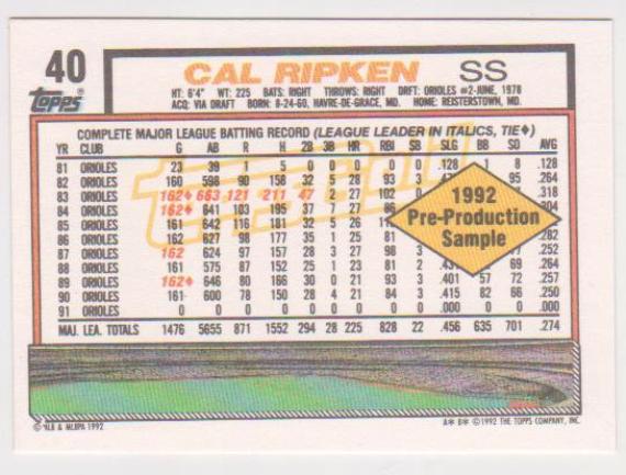 1992 Topps Gold Pre-Production Cal Ripken, Jr. #40 Sample Card ...
