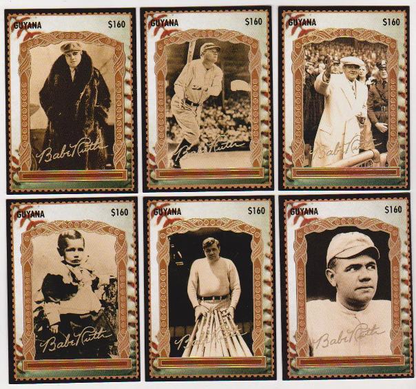 6 Different Babe Ruth 1996 Guyana $160 Stamp Trading Cards W/ Facsimile ...