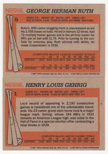 1987 Topps Nestle Babe Ruth #5 + Lou Gehrig #1 Card Pair - HOF'ers ...
