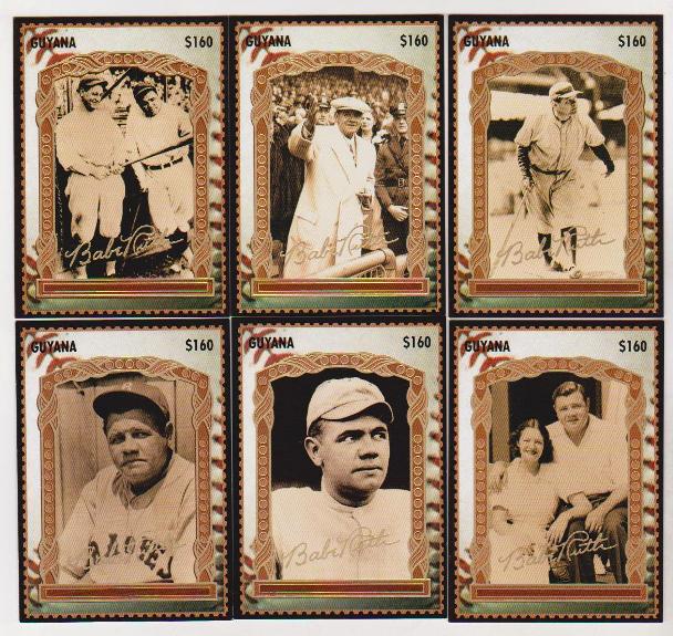 6 Different Babe Ruth 1996 Guyana $160 Stamp Trading Cards W/ Facsimile ...
