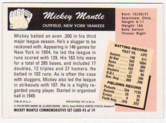 Mickey Mantle 1955 Bowman #202 Commemorative Card - 1996 Topps Finest ...