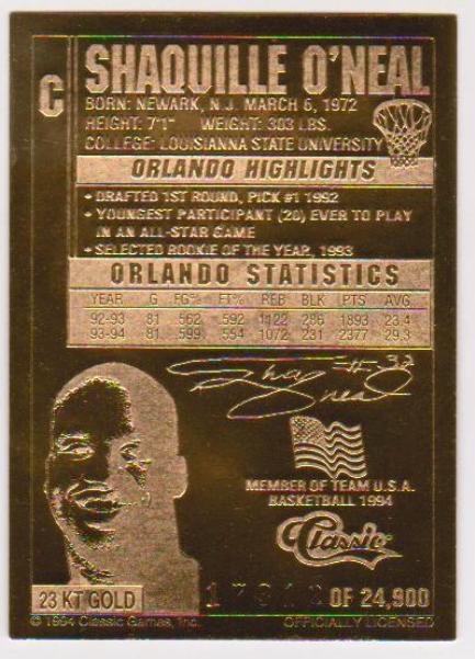 23 kt Gold - Shaquille O'Neal 1994 Classic Gold Card (1/24,900 ...