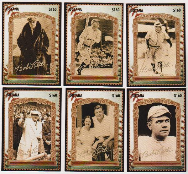 6 Different Babe Ruth 1996 Guyana $160 Stamp Trading Cards W/ Facsimile ...
