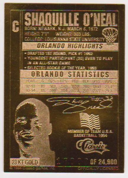 23 kt Gold - Shaquille O'Neal 1994 Classic Gold Card (1/24,900 ...