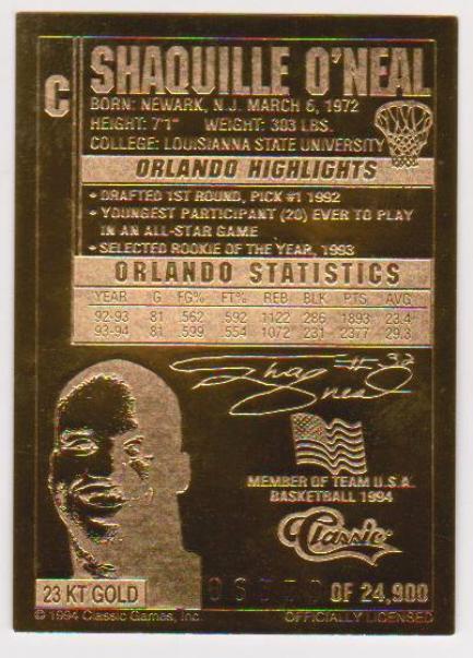 23 kt Gold - Shaquille O'Neal 1994 Classic Gold Card (1/24,900 ...