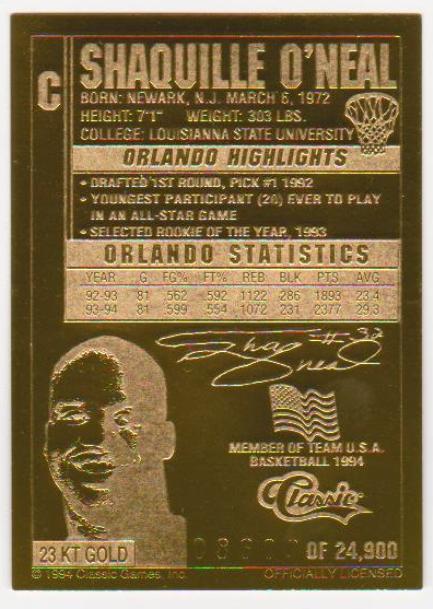 23 kt Gold - Shaquille O'Neal 1994 Classic Gold Card (1/24,900 ...