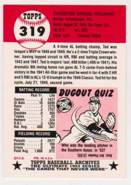 1991 Topps Ted Williams 1953 Topps Archives #319 Card - HOF'er ...