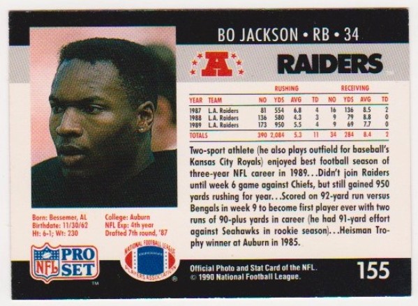 Wrong Front Error - Bo Jackson 1990 Pro Set Football Card | Property Room