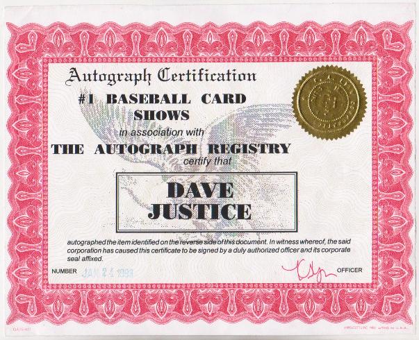 Signed - Dave Justice 8x10 Photo With COA - Baseball Star Autographed ...