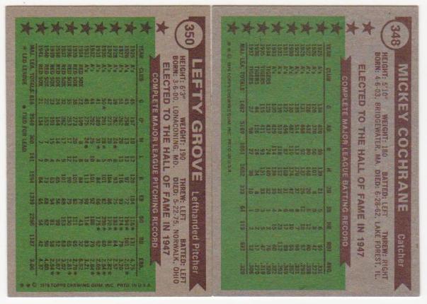 1976 Topps Lefty Grove #350 + Mickey Cochrane #348 Card Pair - HOF'er ...