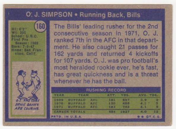 1972 Topps O.J. Simpson #160 Card - HOF'er | Property Room