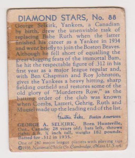 1936 Chicle Diamond Stars George Selkirk #88 Card - Yankees | Property Room