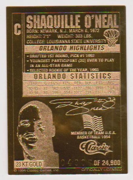 23 kt Gold - Shaquille O'Neal 1994 Classic Gold Card (1/24,900 ...