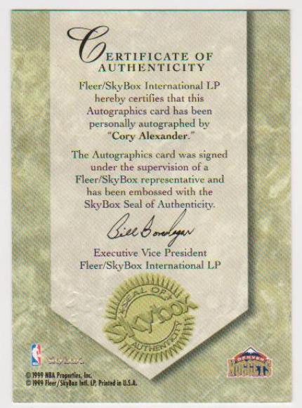 Signed - Cory Alexander 1999 Skybox Autographics Certified Autographed ...