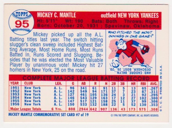 Mickey Mantle 1957 Topps #95 Commemorative Card - 1996 Topps #7 of 19 ...