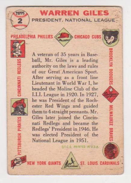 1956 Topps Warren Giles National League President #2 Baseball Card ...
