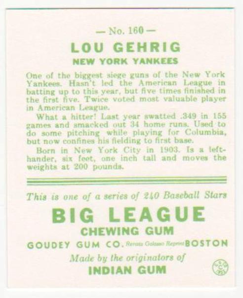 1933 Goudey Lou Gehrig #160 Reprint Card | Property Room