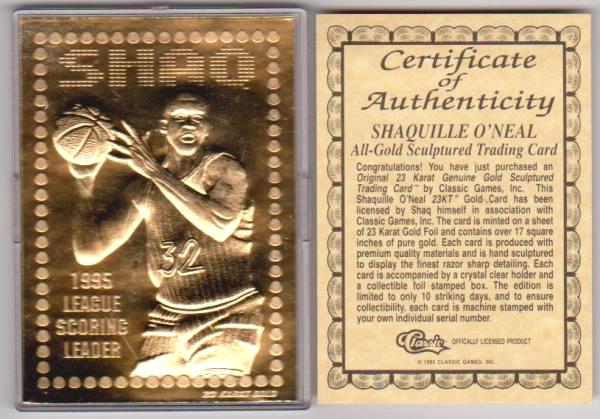 23 kt Gold - Shaquille O'Neal 1995 Classic Gold Card w/ COA | Property Room