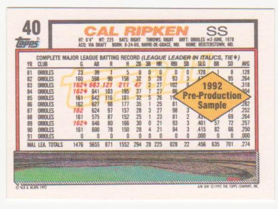 1992 Topps Gold Pre-Production Cal Ripken, Jr. #40 Sample Card ...