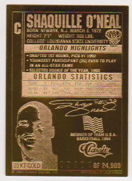23 kt Gold - Shaquille O'Neal 1994 Classic Gold Card (1/24,900 ...