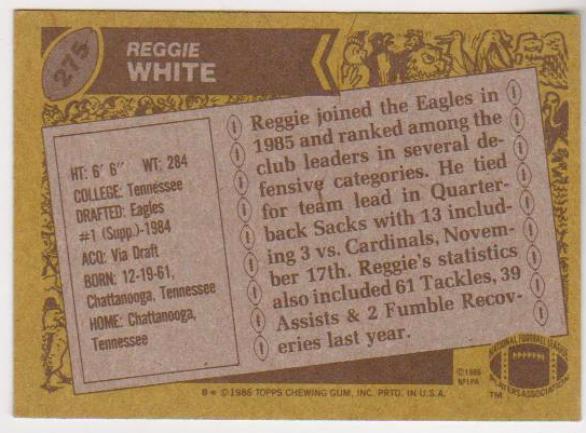 1986 Topps Reggie White #275 Rookie Card - HOF'er | Property Room