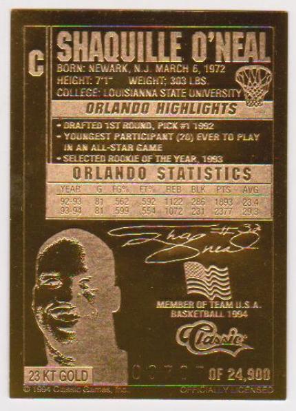 23 kt Gold - Shaquille O'Neal 1994 Classic Gold Card (1/24,900 ...